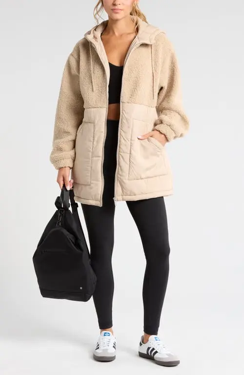 Zella Hybrid Faux Shearling Pocket Jacket In Tan Oxford - 45% Off
